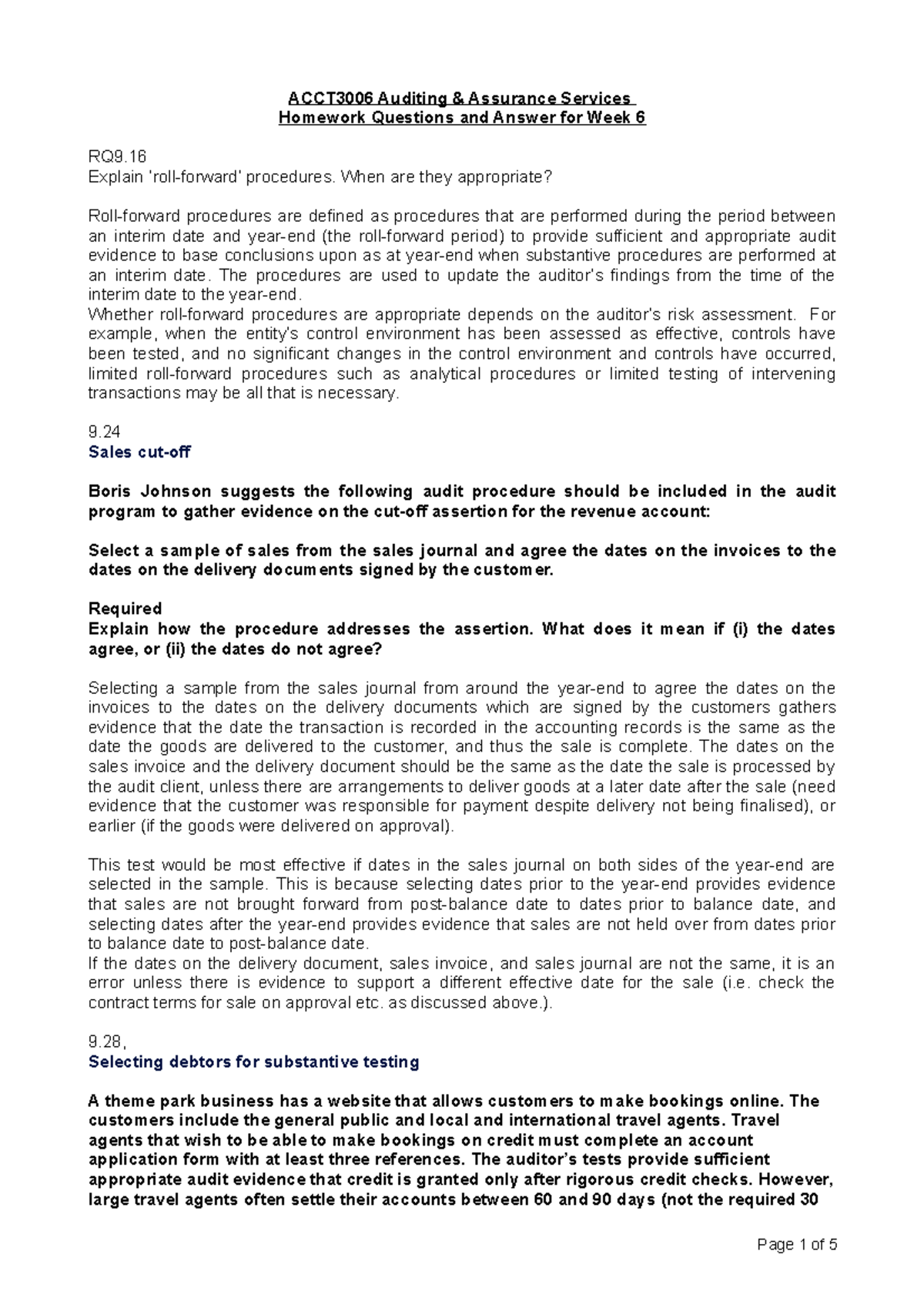 Homework Questions 7 - ACCT3006 Auditing & Assurance Services Homework ...