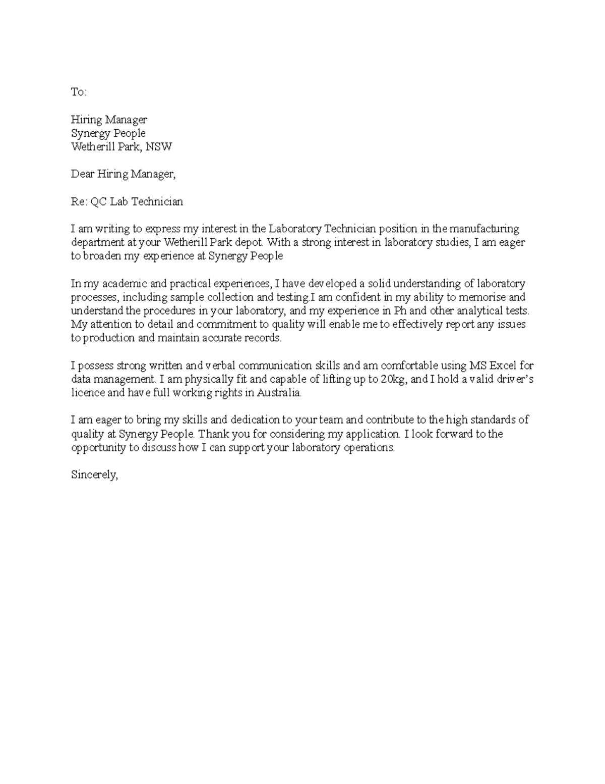 Cover Letter Example - To: Hiring Manager Synergy People Wetherill Park ...