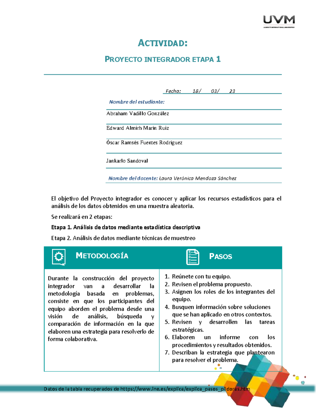 Actividad 2. Proyecto integrador etapa 1 - ACTIVIDAD: PROYECTO INTEGRADOR ETAPA 1 Fecha: 18 / 03 ...