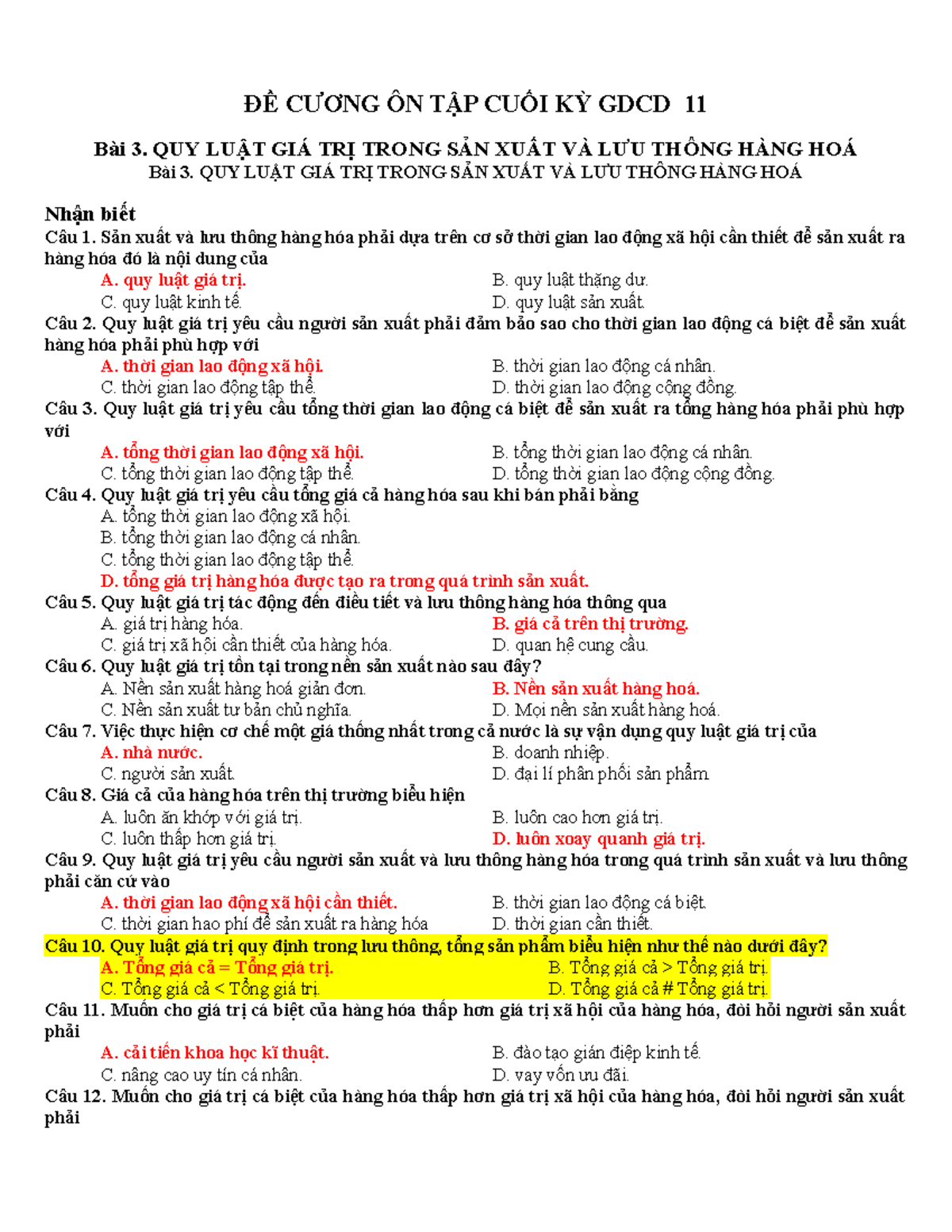 đề cương gdcd cuối kì I - gdcd - ĐỀ CƯƠNG ÔN TẬP CUỐI KỲ GDCD 11 Bài 3. QUY LUẬT GIÁ TRỊ TRONG ...