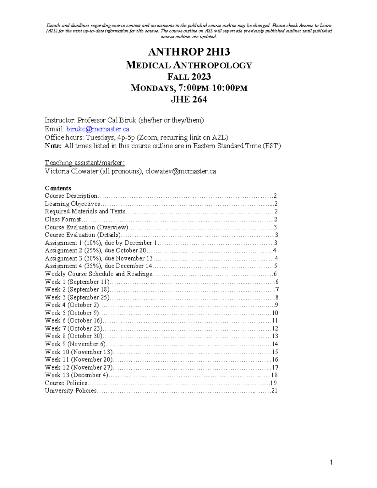 Biruk Anthrop 2HI3 Fall 2023 - (A2L) for the most up-to-date ...