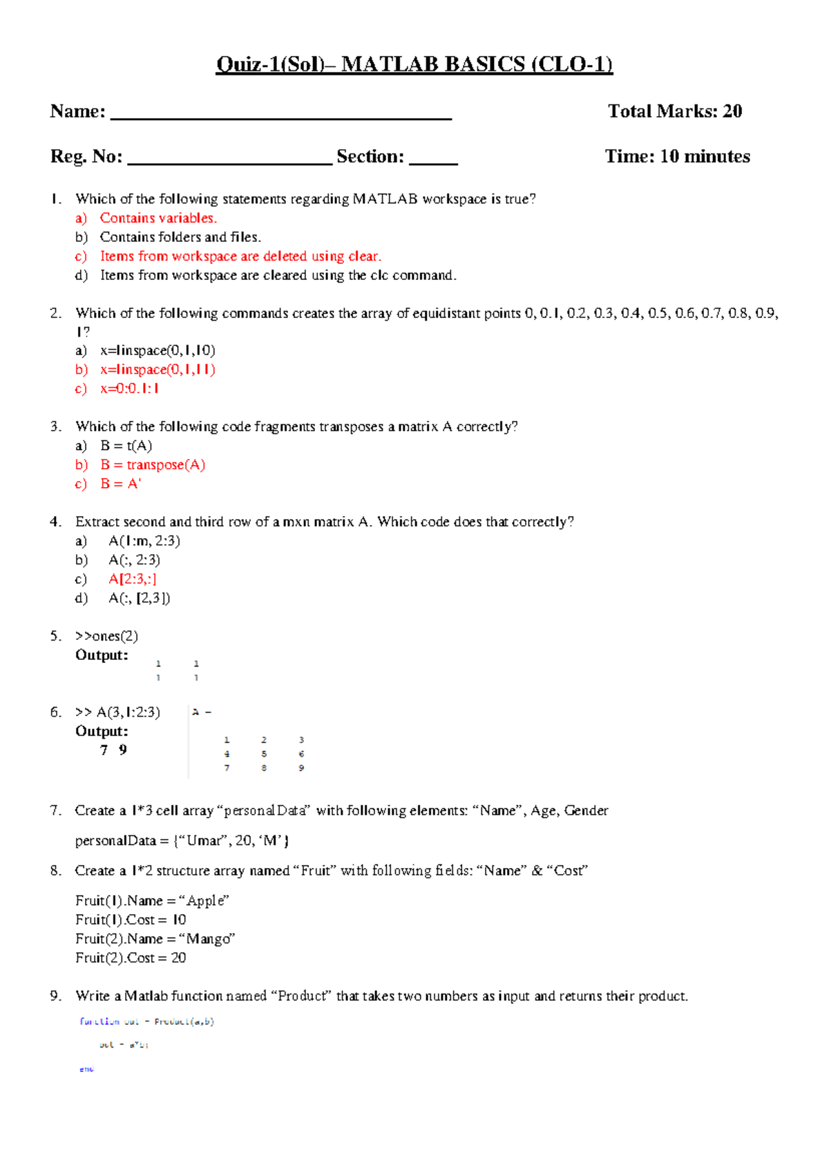 Quiz 1 - Sol - c language - Quiz- 1 (Sol)– MATLAB BASICS (CLO-1) Name ...