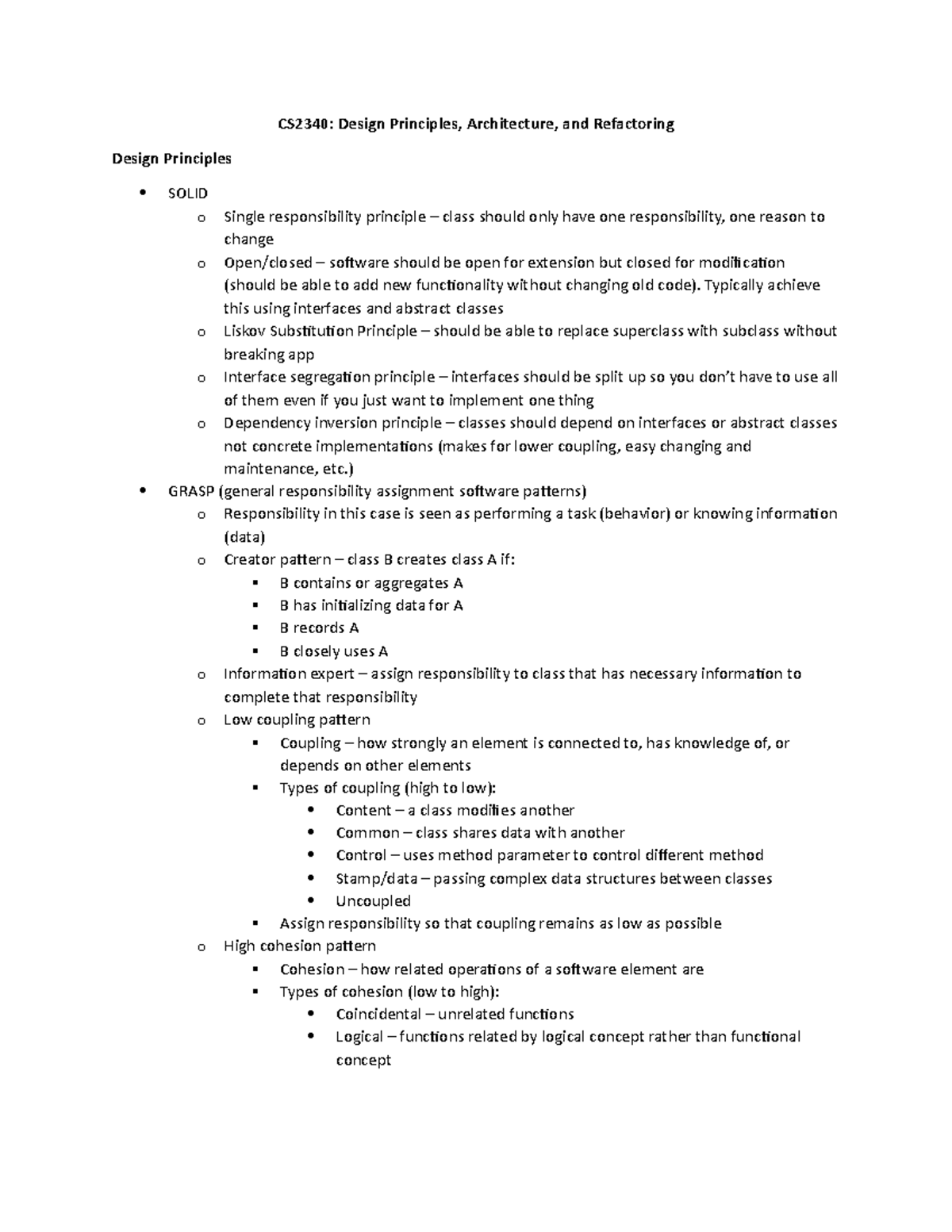 CS2340 Design Principles, Architecture, and Refactoring - Typically ...