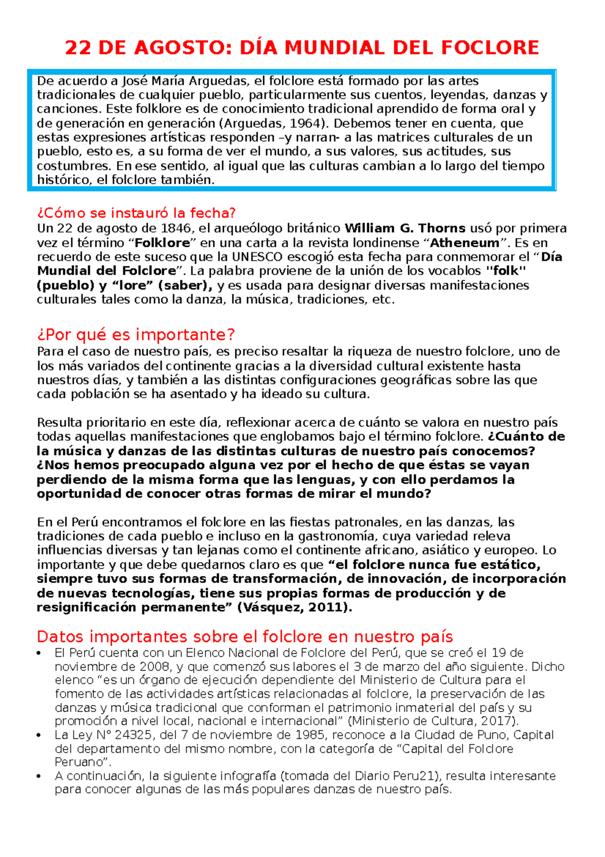 1. DÍA DEL Folklor - LECTURA COMPRENSIVA - 22 DE AGOSTO: DÍA MUNDIAL DEL FOCLORE De acuerdo a ...