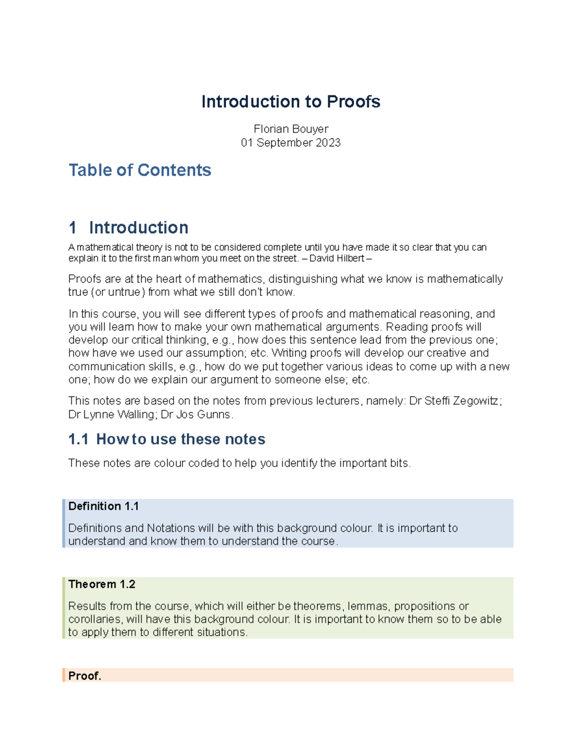 Intro to Proof Notes - Introduction to Proofs Florian Bouyer 01 ...