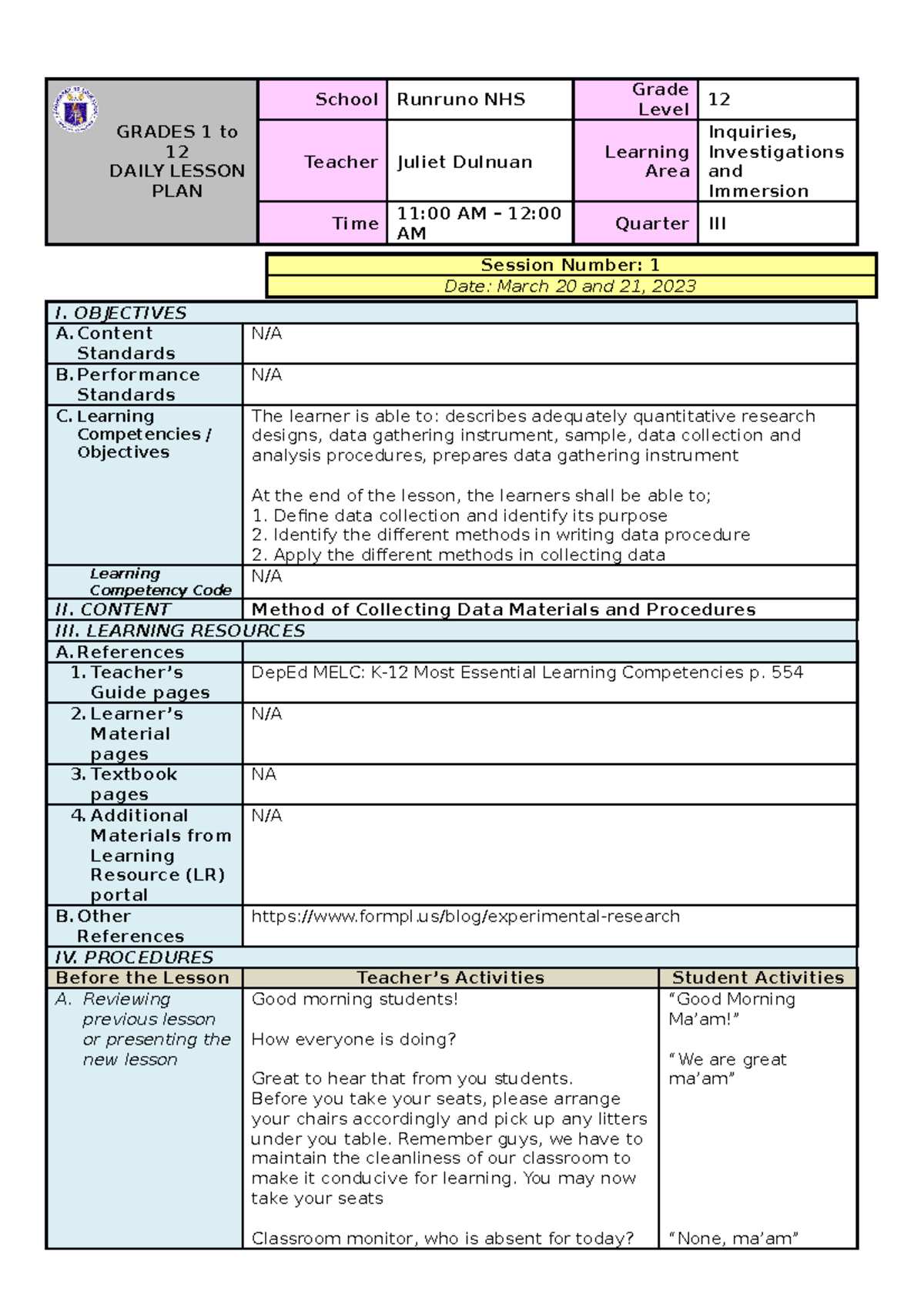 DLP- Data Collection Procedure 12-STEM DAY 1 - GRADES 1 to 12 DAILY ...
