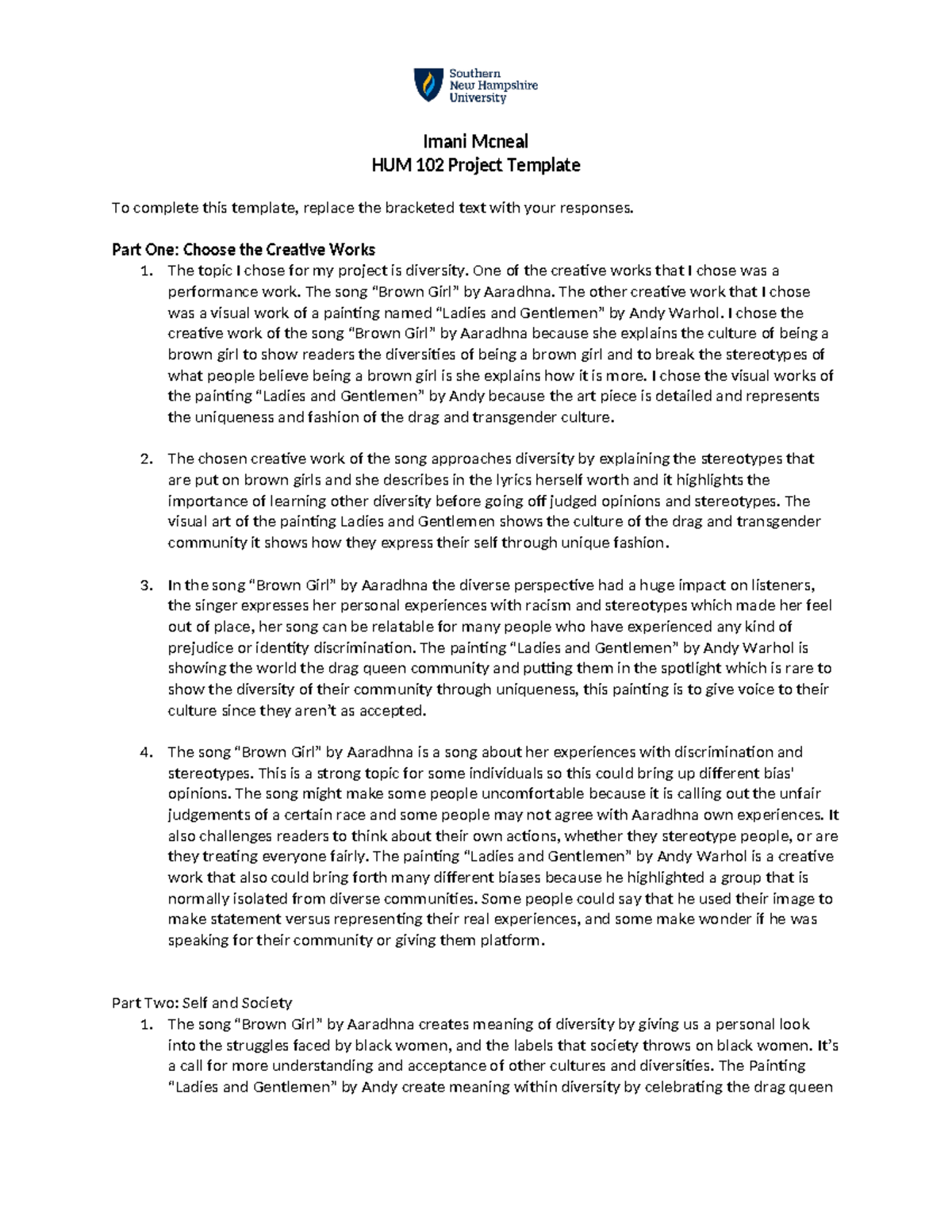 HUM 102 Project Template (2) copy copy - Imani Mcneal HUM 102 Project ...