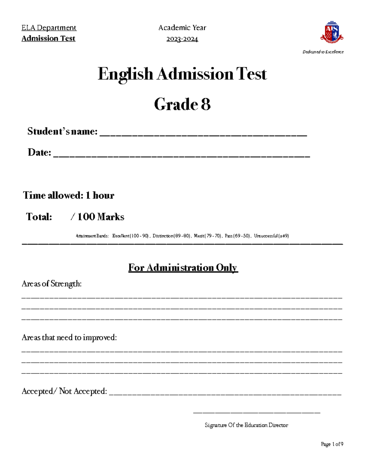 AIS English Admission Test Grade 8 23:24 - Admission Test 2023 ...