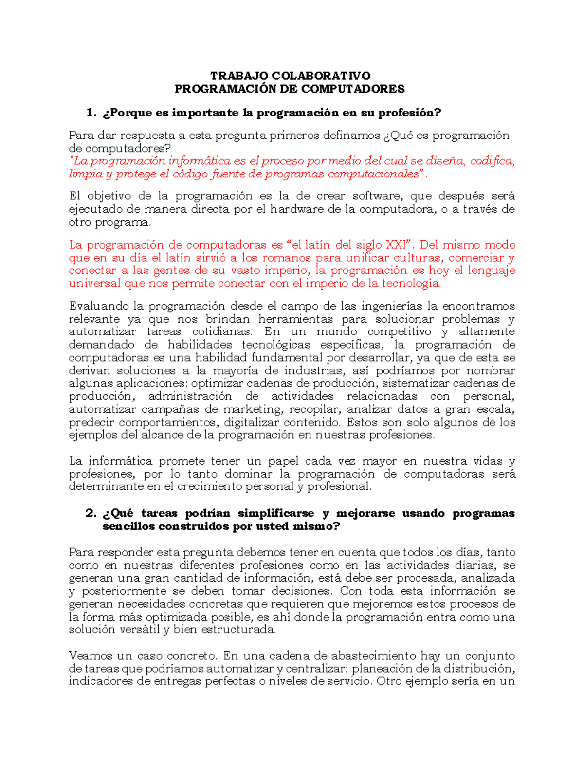 Programacion de computadores semana 7 - TRABAJO COLABORATIVO PROGRAMACI”N DE COMPUTADORES 1 ...