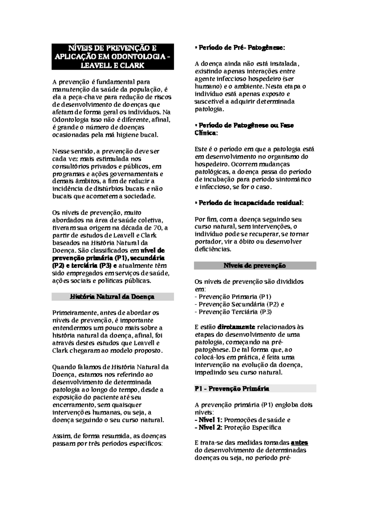 Niveis de aplicação Leavell Clark - NÍVEIS DE PREVENÇÃO E APLICAÇÃO EM ...