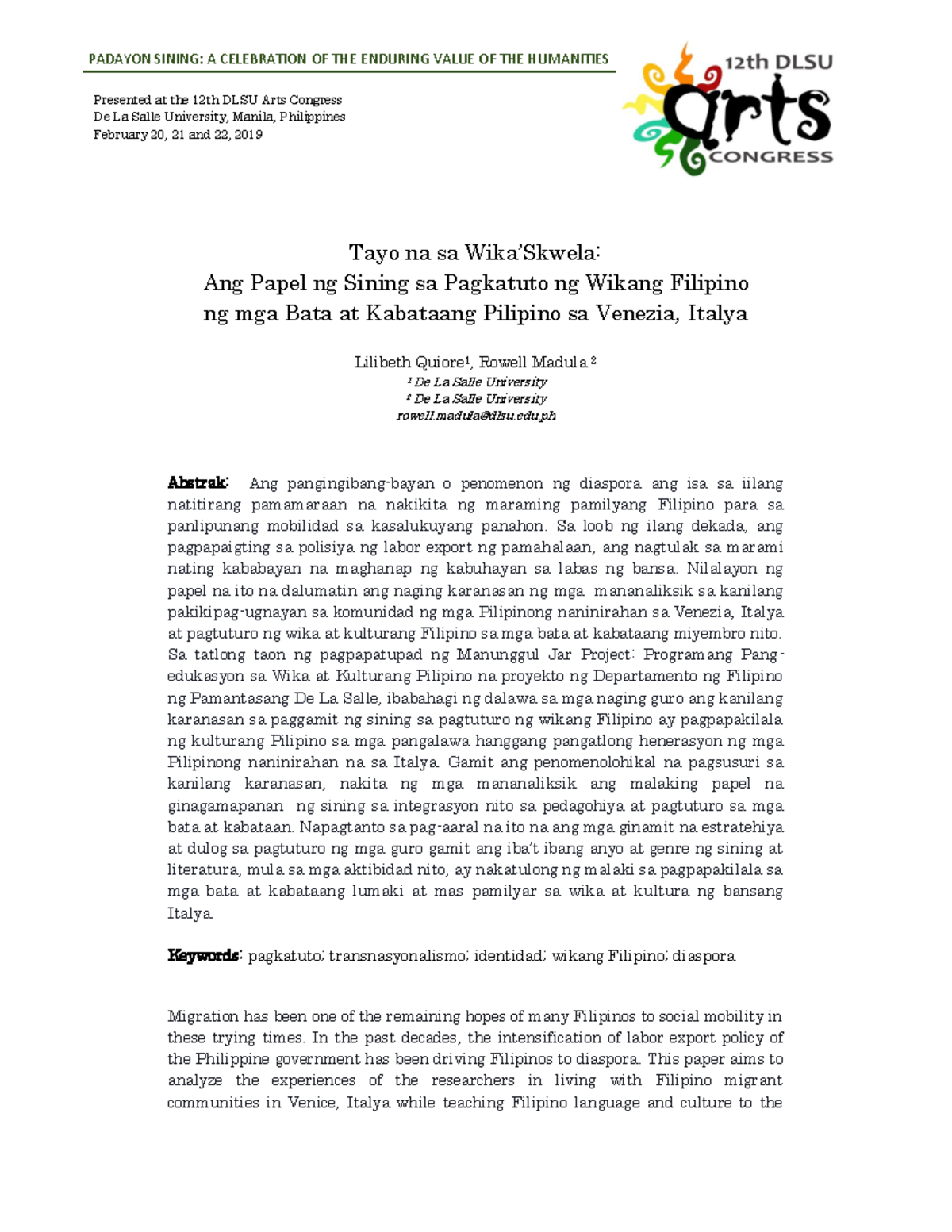 Research Filipinio - Presented at the 12th DLSU Arts Congress De La ...