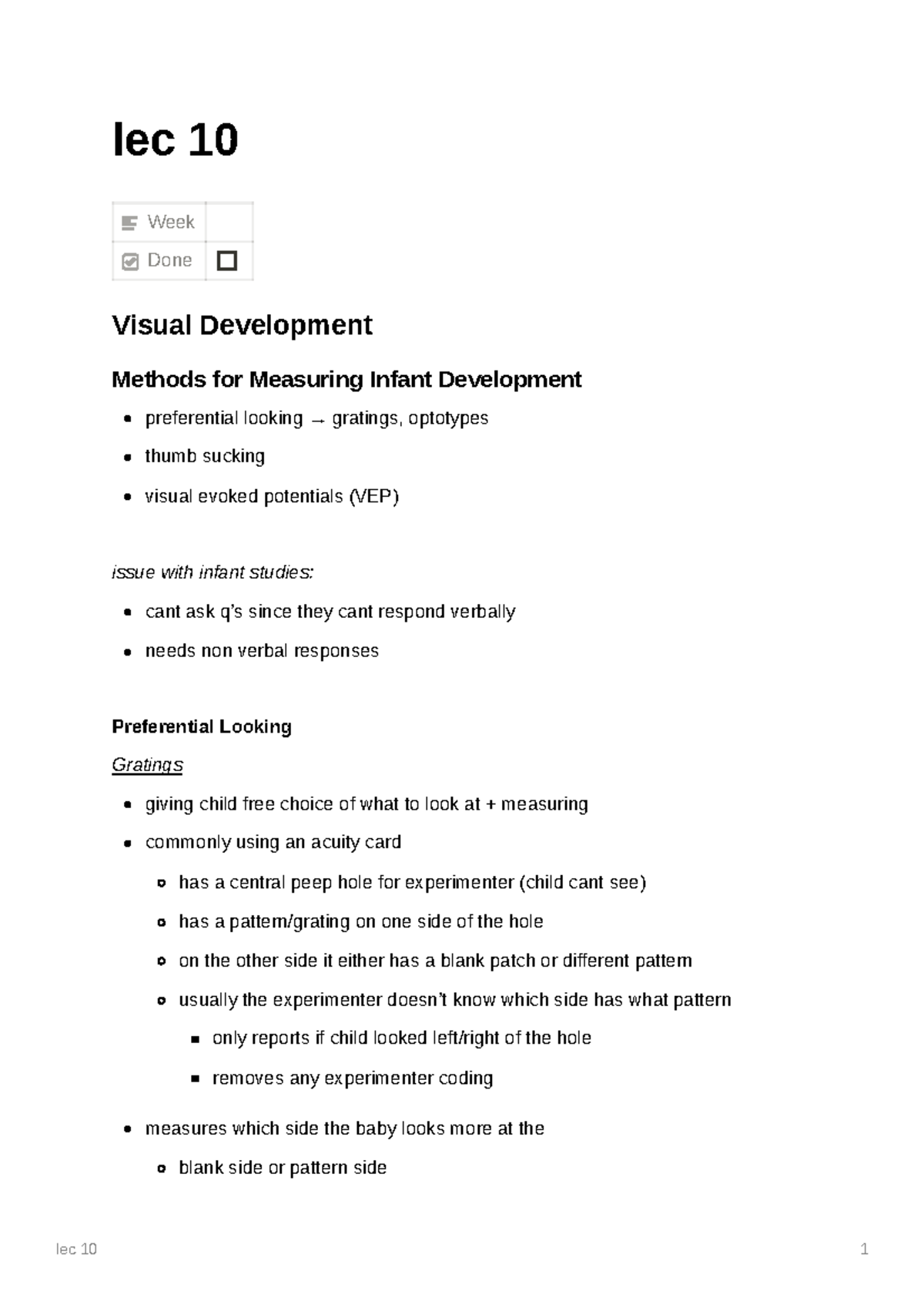 Perception lec 10 - lec 10 Week Done Visual Development Methods for Measuring Infant Development ...