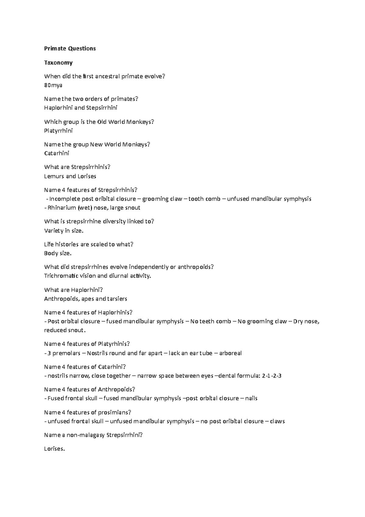 Primate Questions - Lecture notes 1 - 20 - Primate Questions Taxonomy ...
