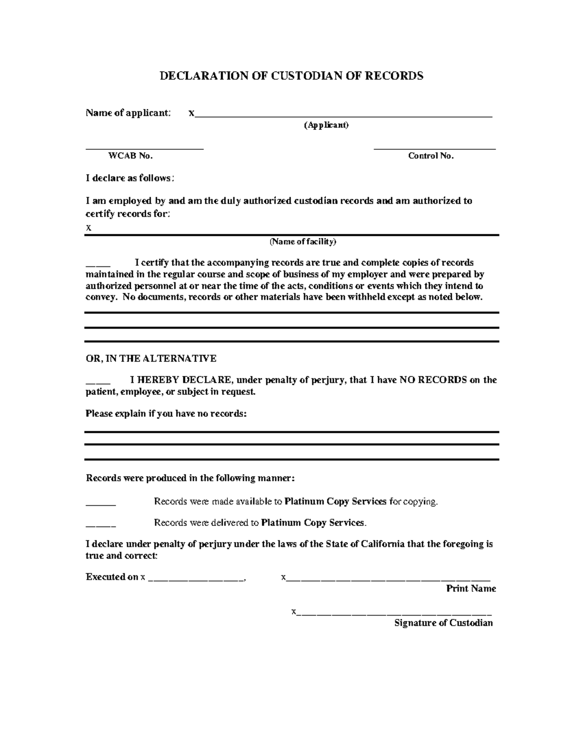 DEC - nothinas - DECLARATION OF CUSTODIAN OF RECORDS Name of applicant: - Studocu