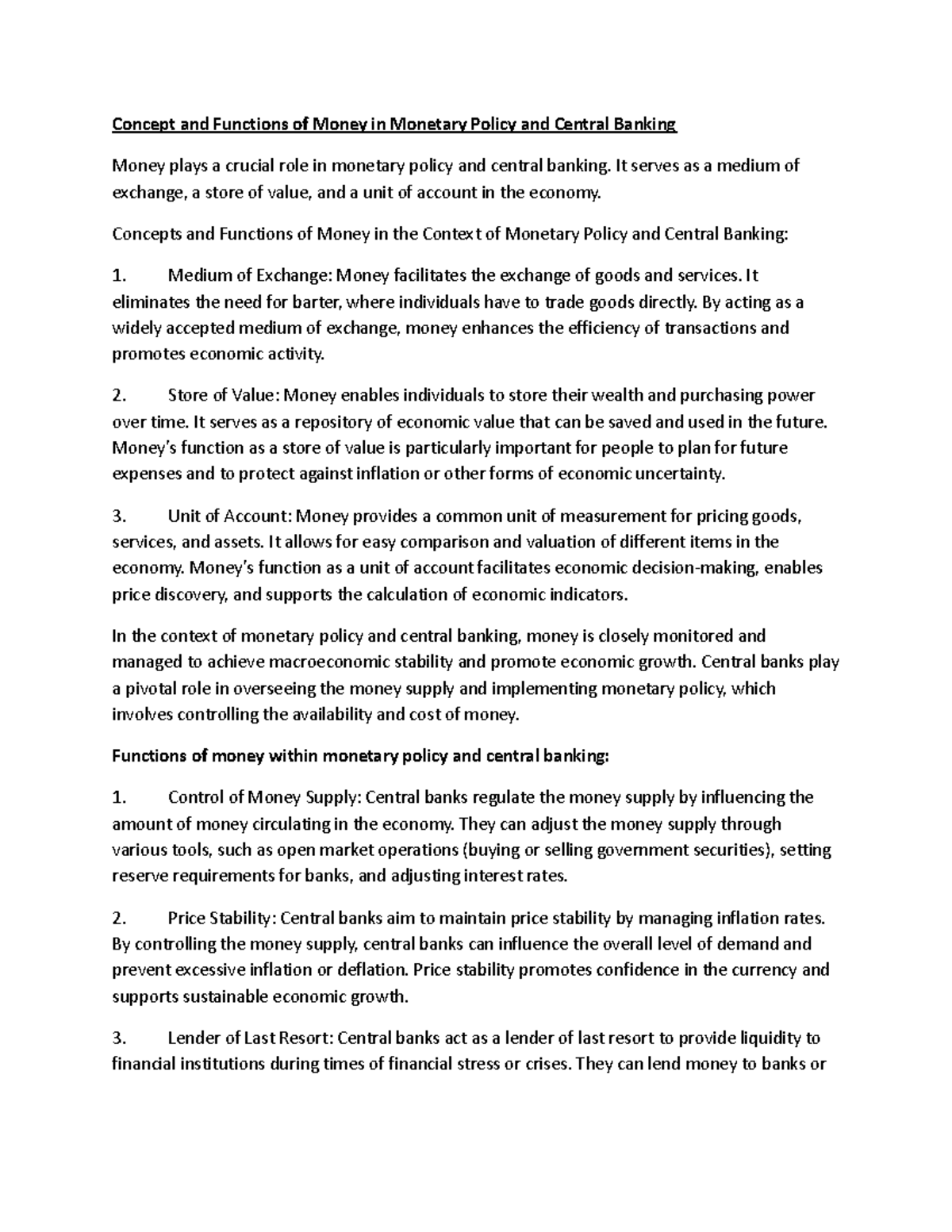 Concept and functions of money in monetary policy and central banking ...