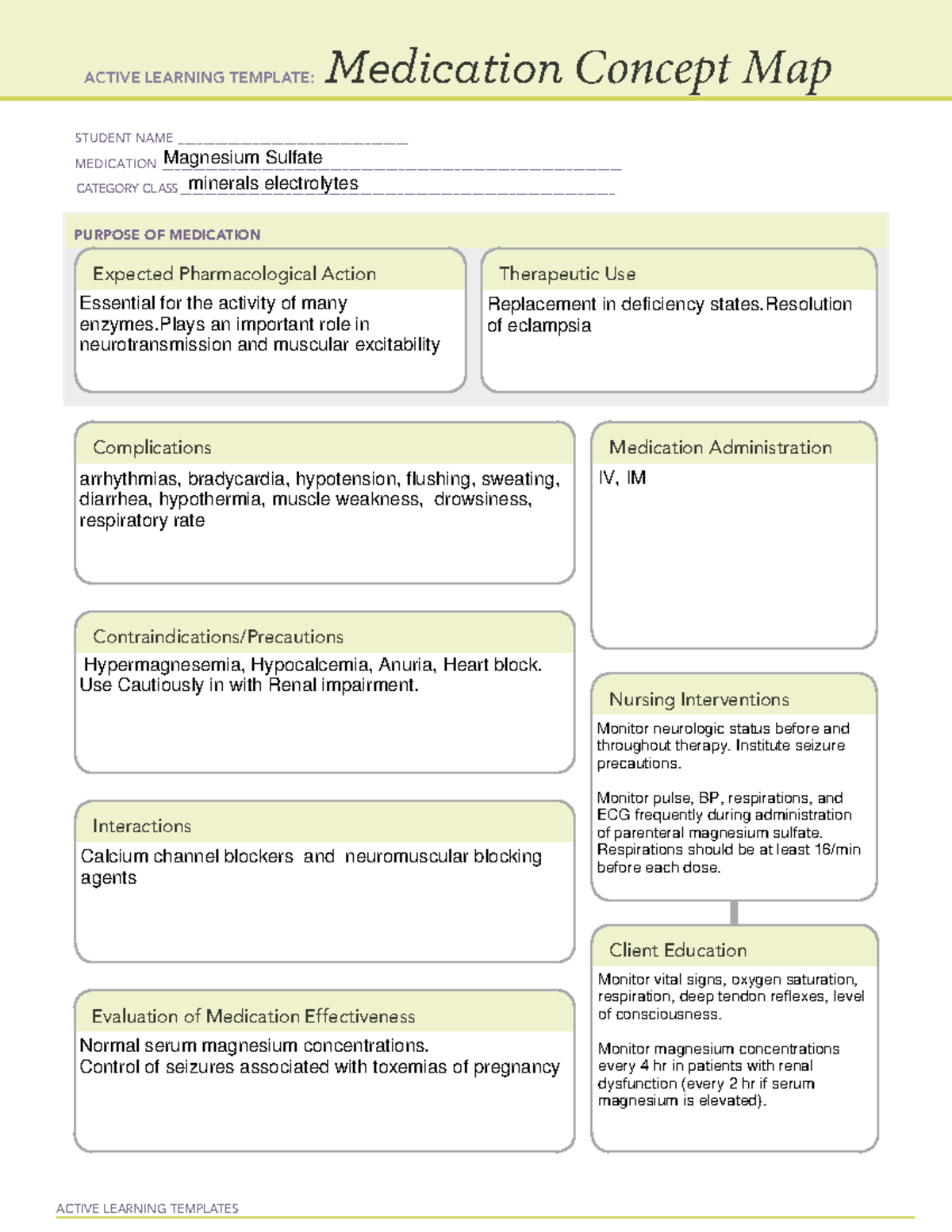 Magnesium sulfate - ACTIVE LEARNING TEMPLATES Medication Concept Map ...