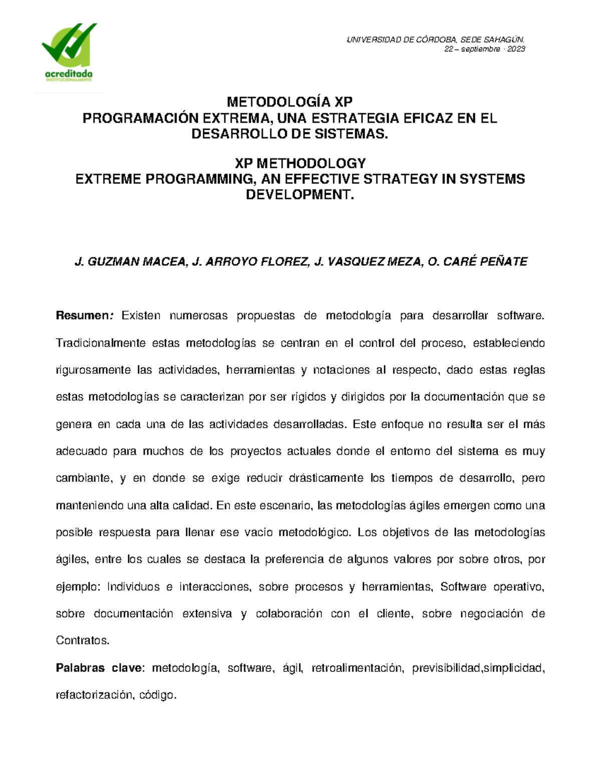 Ariculo Modelo XP - Desarrollo de investigación - UNIVERSIDAD DE ...