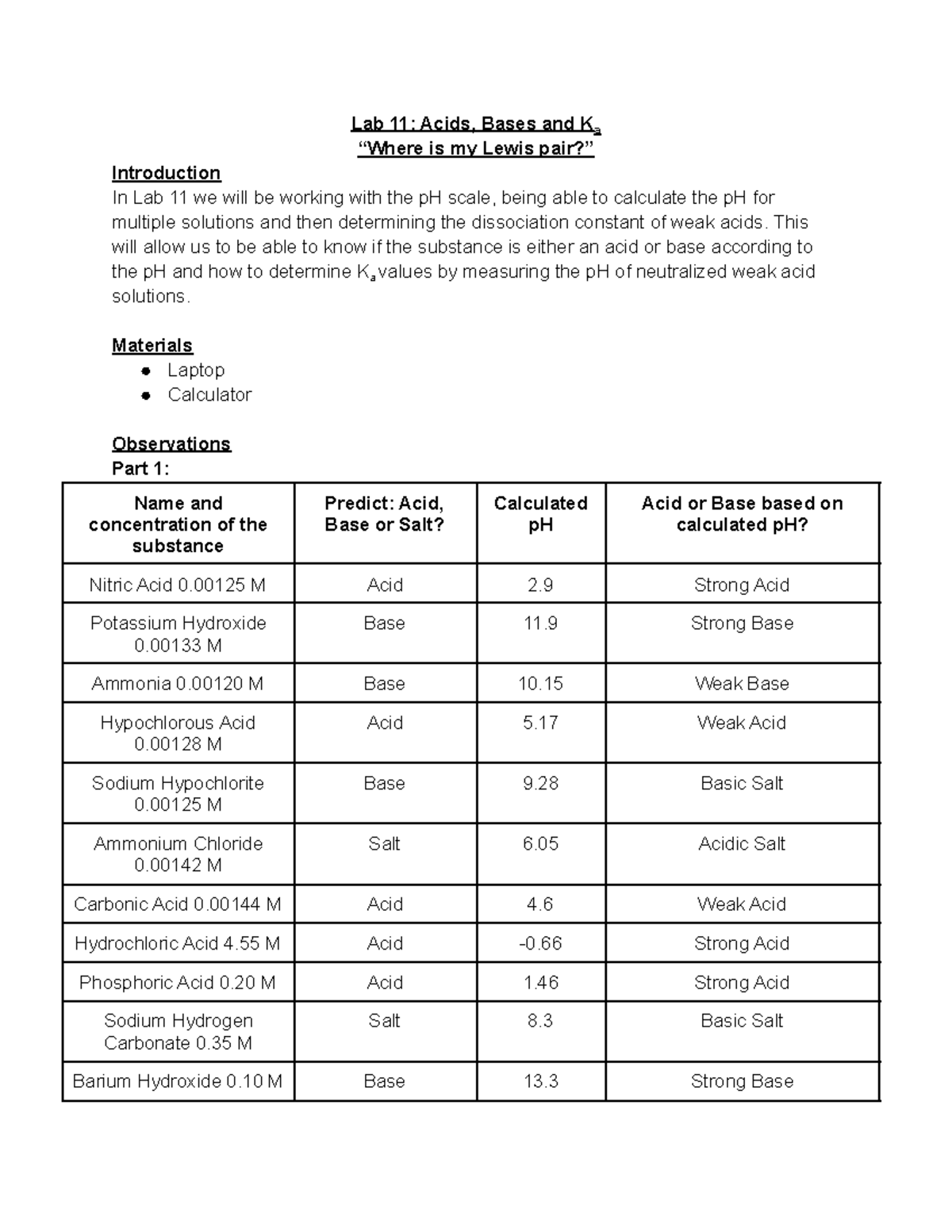 Lab Report 11 + 12 - Lab 11: Acids, Bases and Ka “Where is my Lewis ...