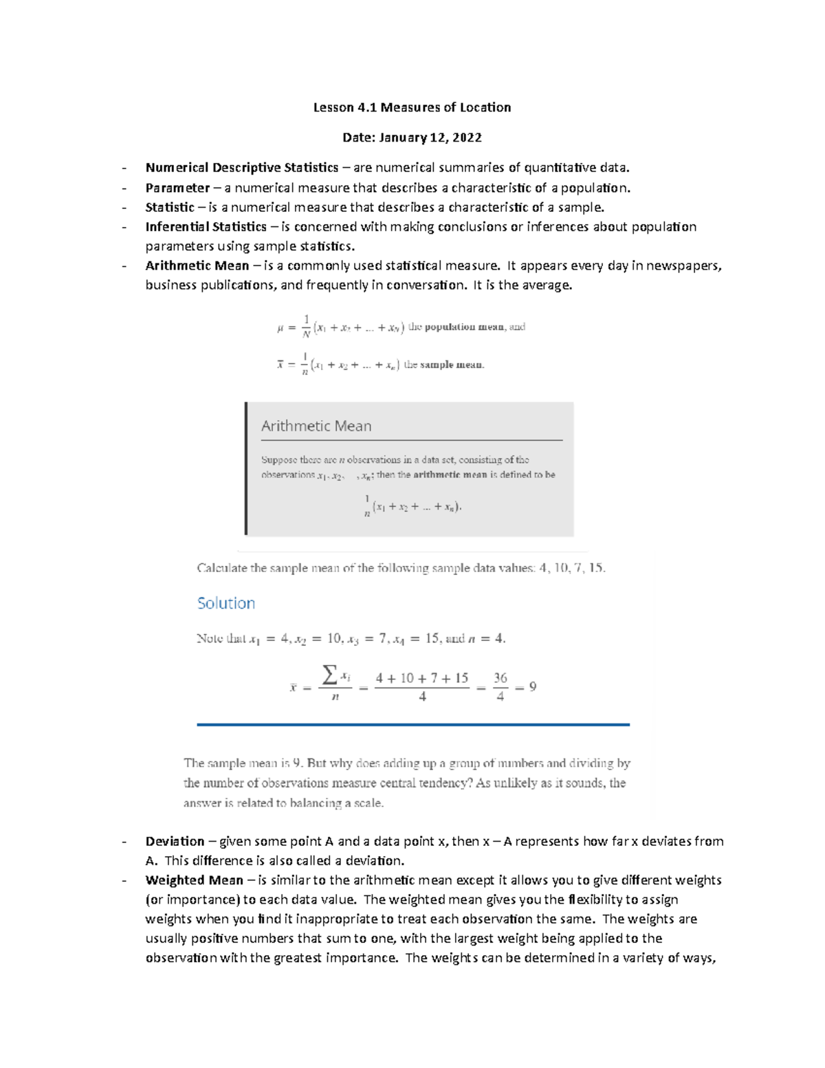 MATH1342 Hawkes Lesson 4.1 Measures of Location - Lesson 4 Measures of ...