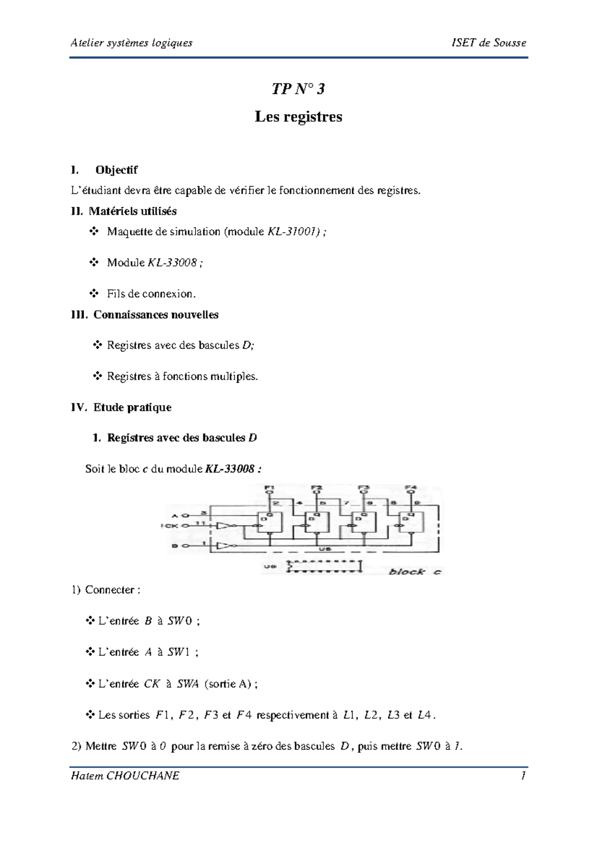TP 3 les registres - zusammenfassung - Atelier systèmes logiques ISET ...