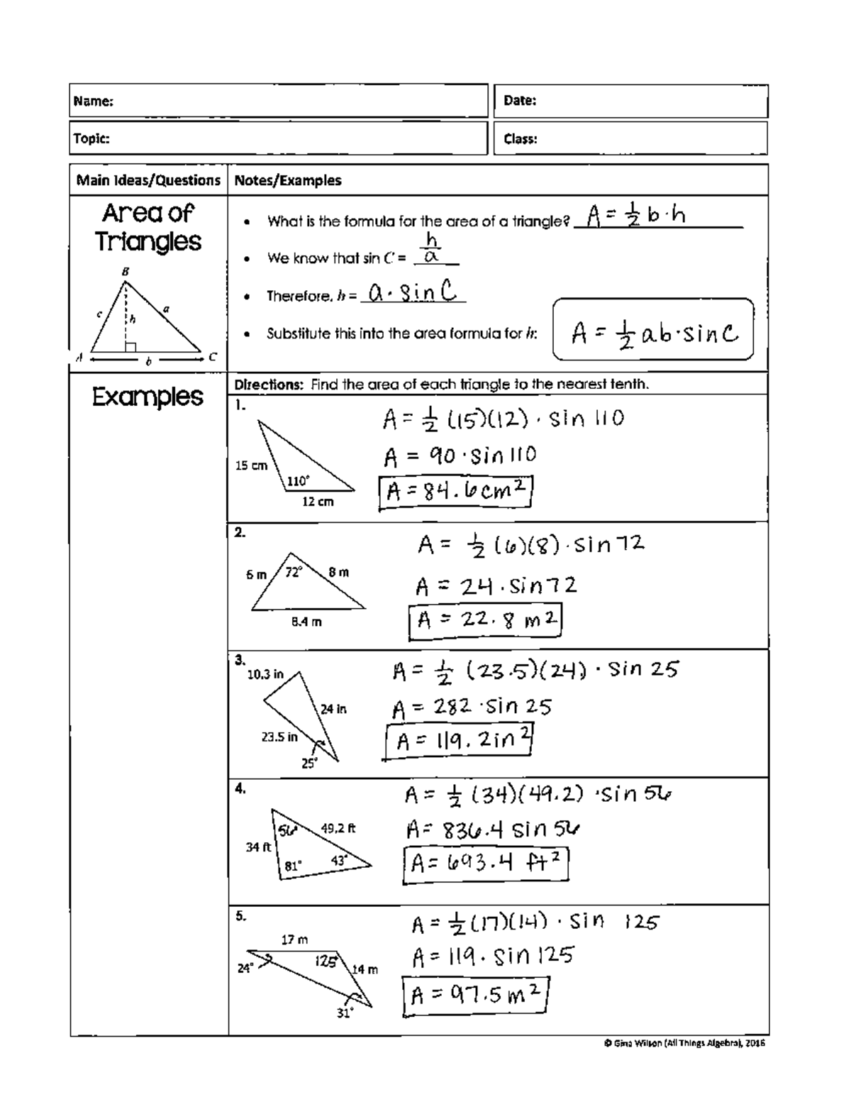 Unit 12 Lesson 7 Notes Name Date Topic Class Main Area Of What Is The Formula For The Of 1151