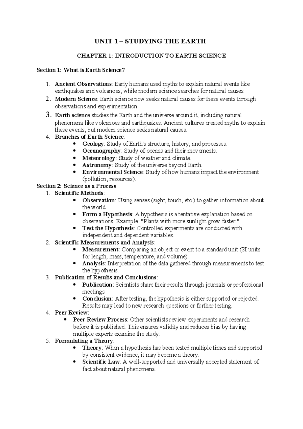 UNIT 1 - Earth Science (Reviewer) - UNIT 1 – STUDYING THE EARTH CHAPTER ...