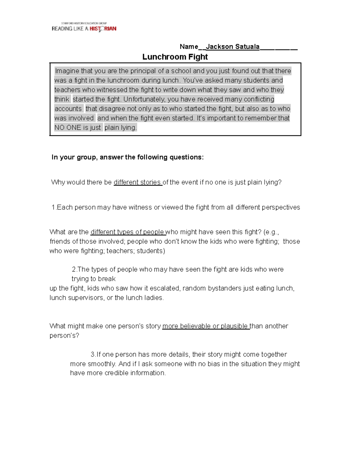 Lunchroom Fight I Student Materials fillable 1 - Name__Jackson Satuala ...