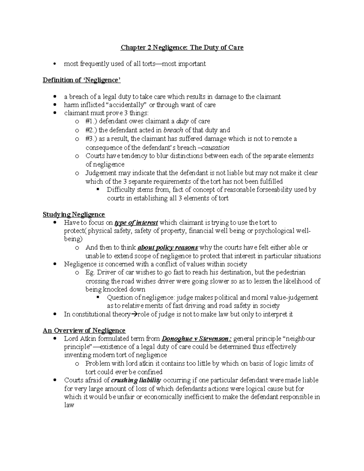 Chapter 2 Negligence the duty of care - Chapter 2 Negligence: The Duty of Care most frequently ...