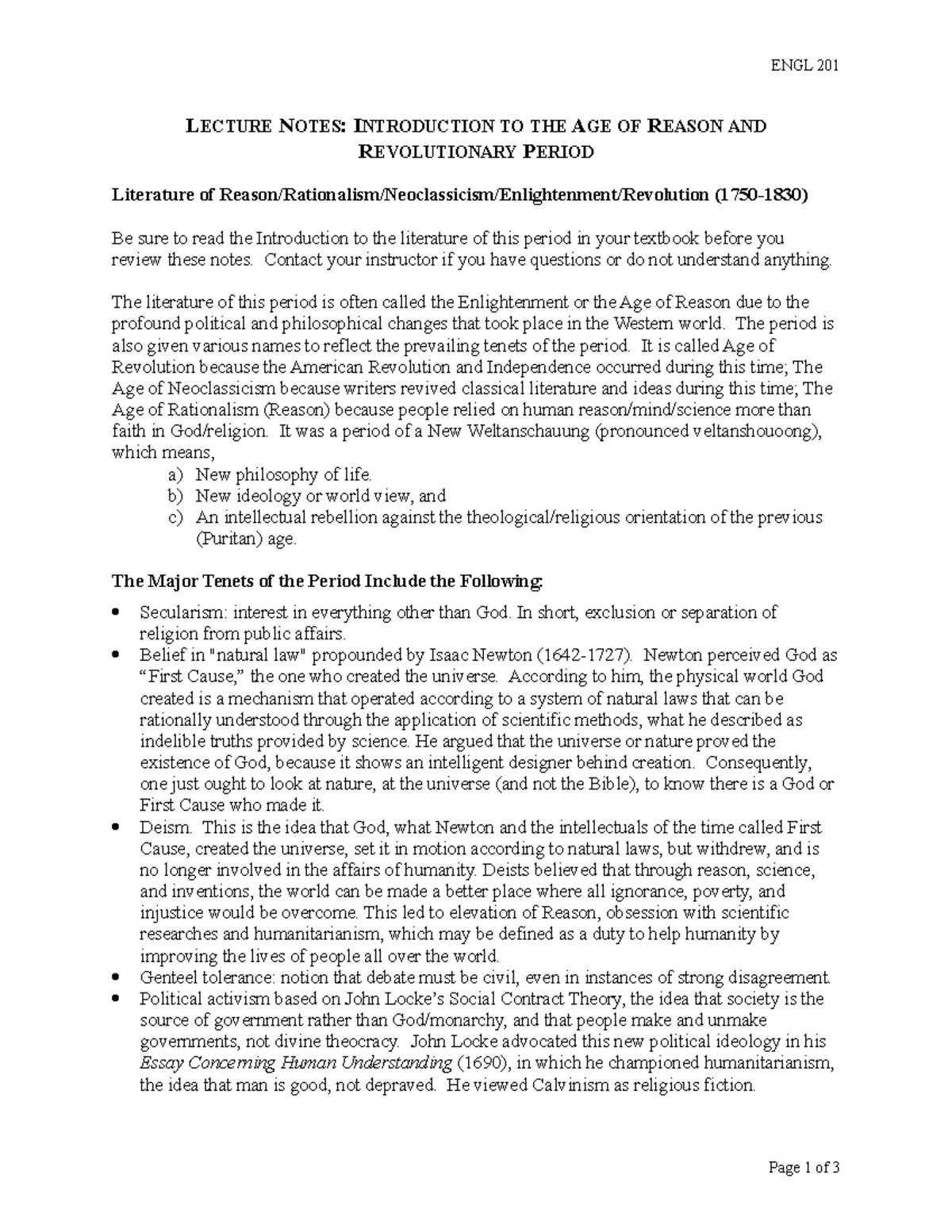 Lecture Notes Introduction to the Age of Reason and Revolutionary ...