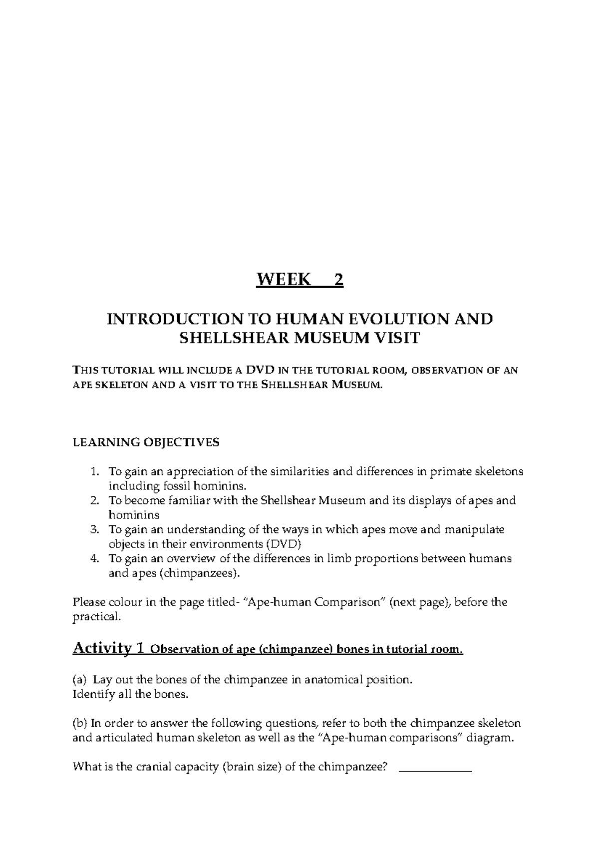 WEEK 2 prac anatomy 2009 - WEEK 2 INTRODUCTION TO HUMAN EVOLUTION AND ...