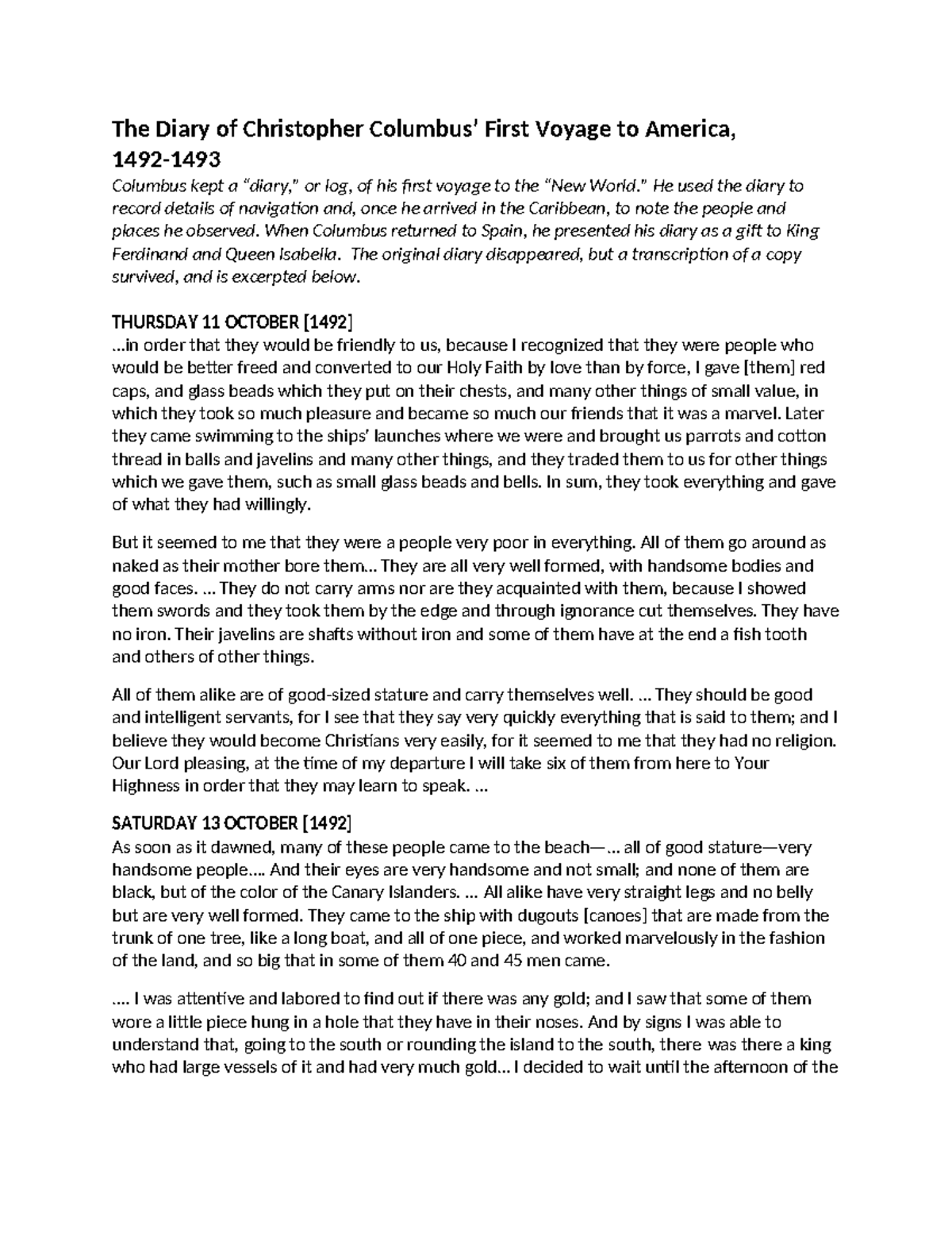 Columbus, Diary of Voyage - The Diary of Christopher Columbus’ First ...