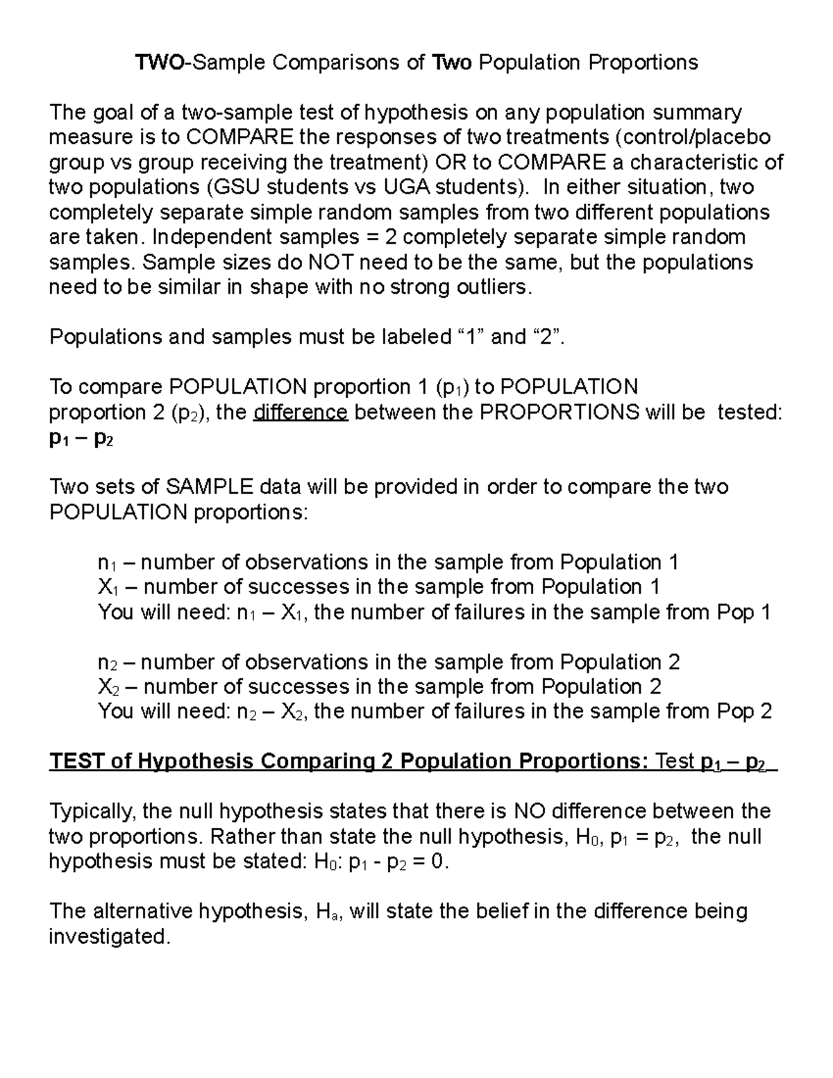 Test on 2 Proportions - Homework - TWO-Sample Comparisons of Two ...