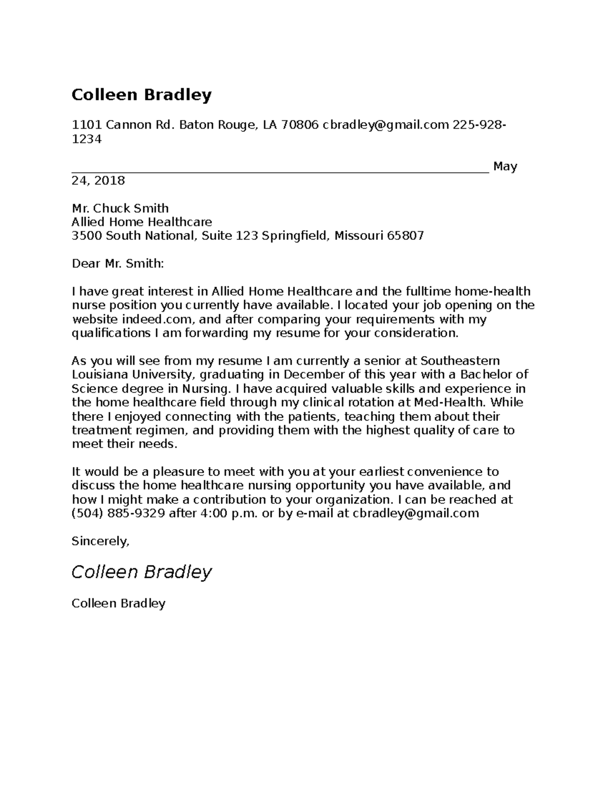 Cover letter template - Colleen Bradley 1101 Cannon Rd. Baton Rouge, LA ...
