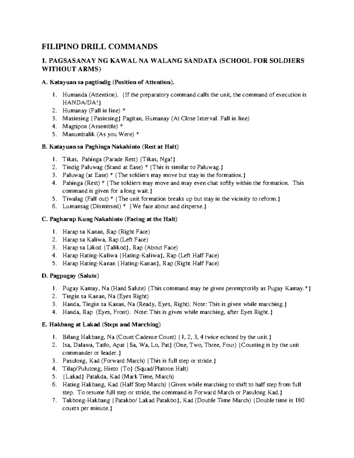 Filipino- Drill- Commands - FILIPINO DRILL COMMANDS 1. PAGSASANAY NG ...