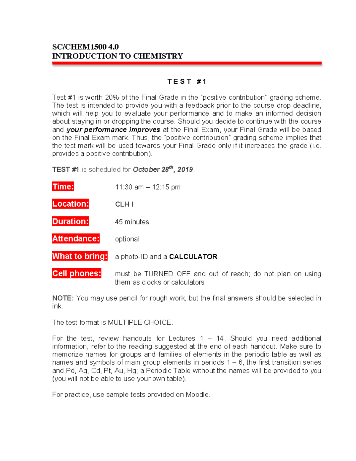 2019 CHEM1500Test1Info - SC/CHEM1500 4. INTRODUCTION TO CHEMISTRY T E S ...