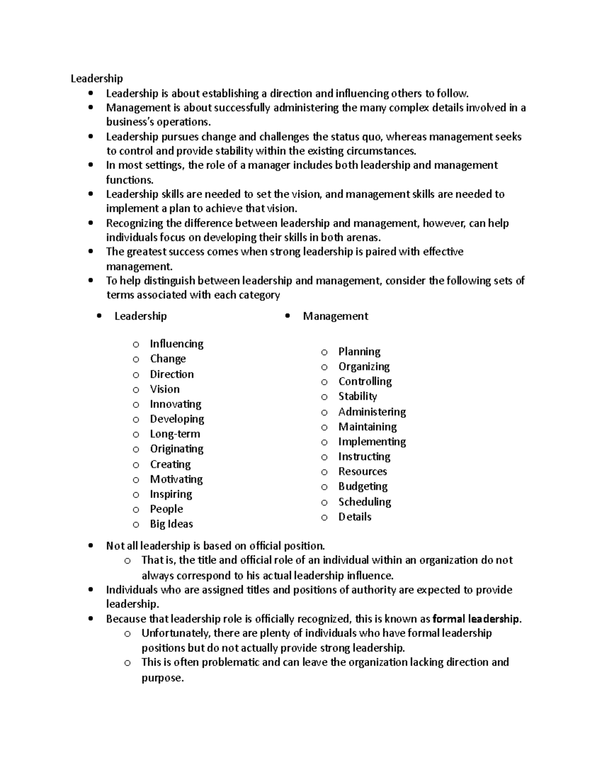Leadership - Lecture notes 10 - Leadership Leadership is about ...