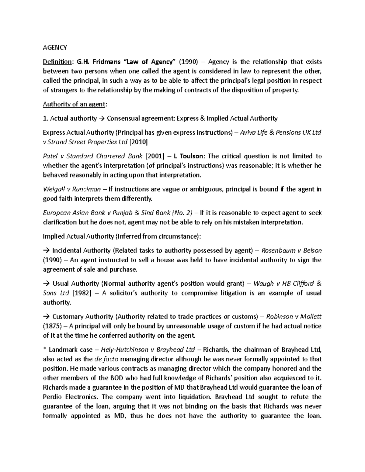 Agency - Lecture notes 1 - AGENCY Definition: G. Fridmans “Law of ...