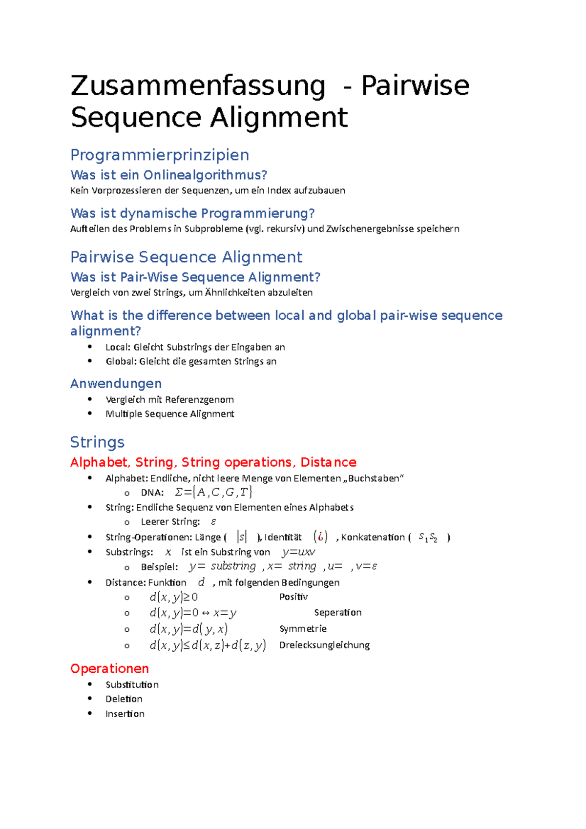 Vorlesung 3 - Pairwise Sequence Alignment - Zusammenfassung - Pairwise Sequence Alignment - Studocu