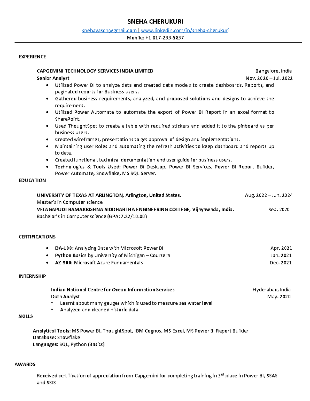 Sneha Cherukuri Resume - SNEHA CHERUKURI snehavasch@gmail | linkedin/in ...