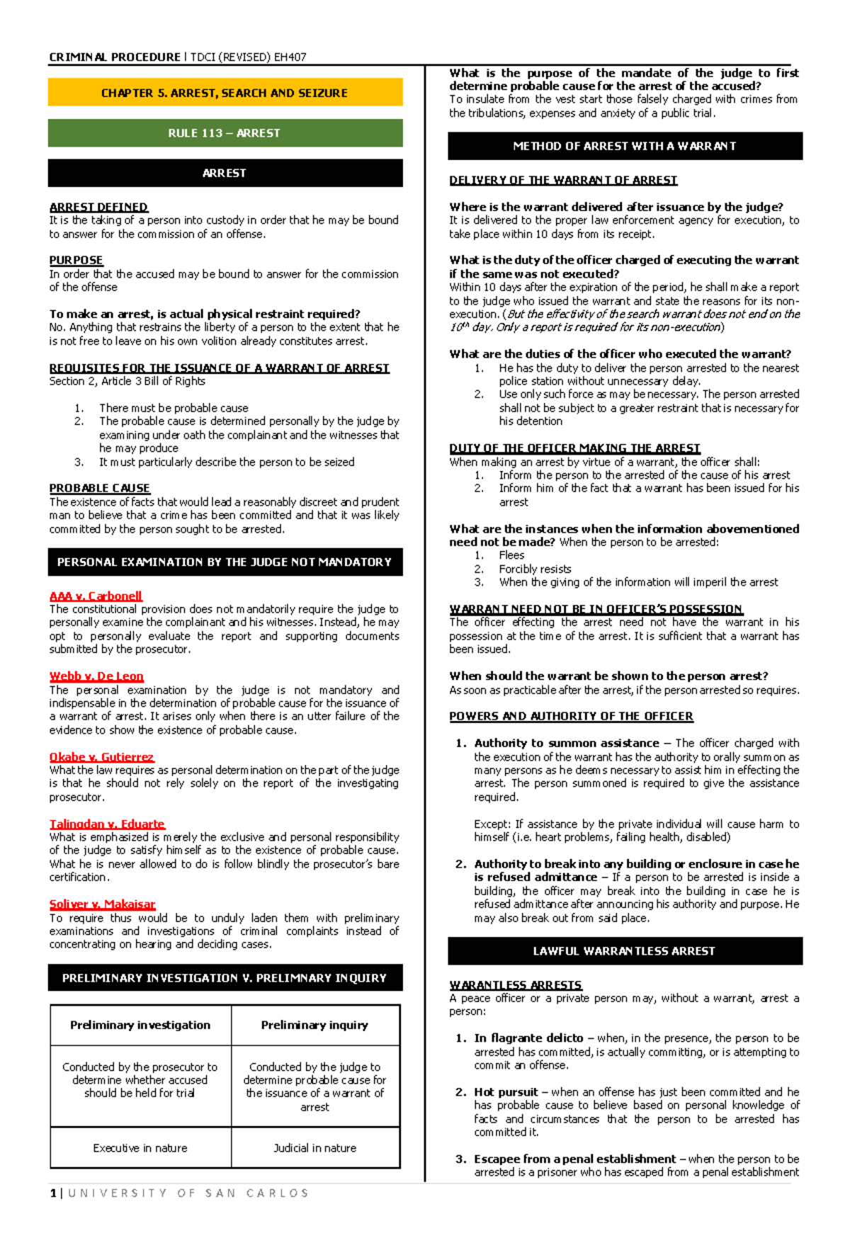2 - Crimpro - CRIMINAL PROCEDURE l TDCI (REVISED) EH CHAPTER 5. ARREST ...