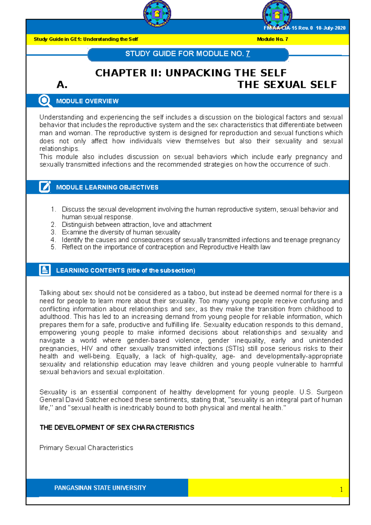 GE1 Module 7 Sexual Self - CHAPTER II: UNPACKING THE SELF A. THE SEXUAL SELF MODULE OVERVIEW ...