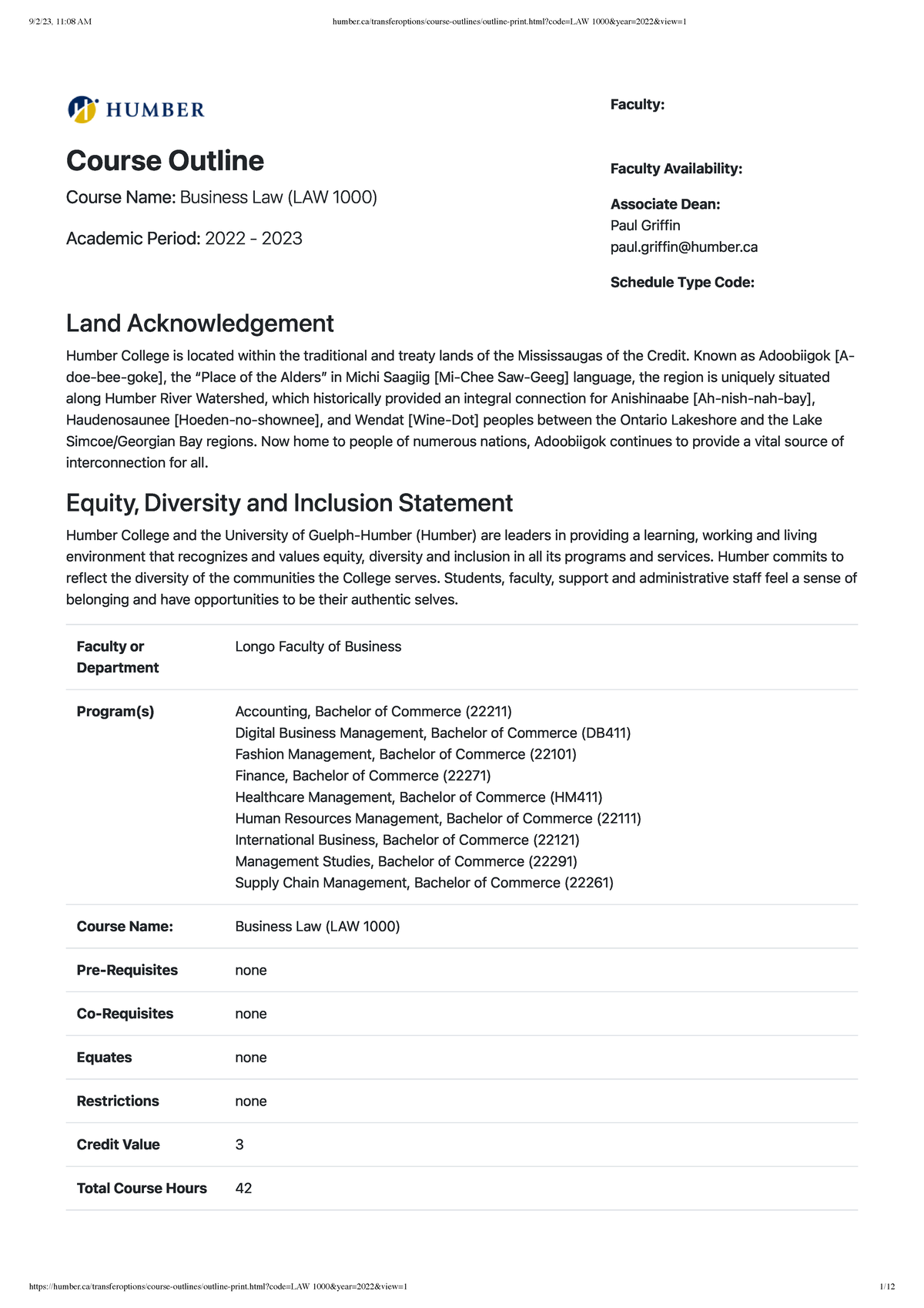 Business Law 1000 - n/a - Course Outline Course Name: Business Law (LAW ...