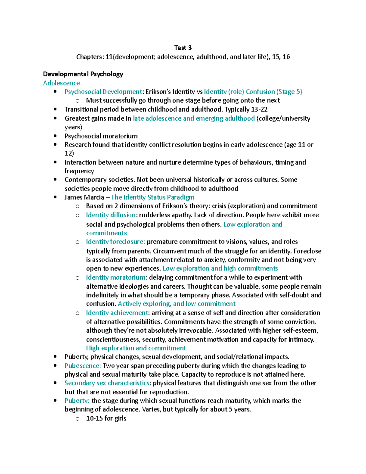 Test 3 - psych 101 test 3 material - Test 3 Chapters: 11(development ...