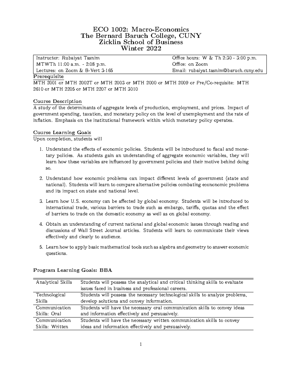 ECO 1002 - Macro Economics - ECO 1002: Macro-Economics The Bernard Baruch College, CUNY Zicklin ...