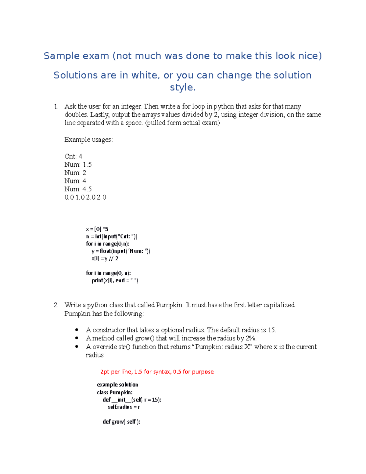 Quiz 2 - Sample A - Practice exam for Programing Laguages on python ...