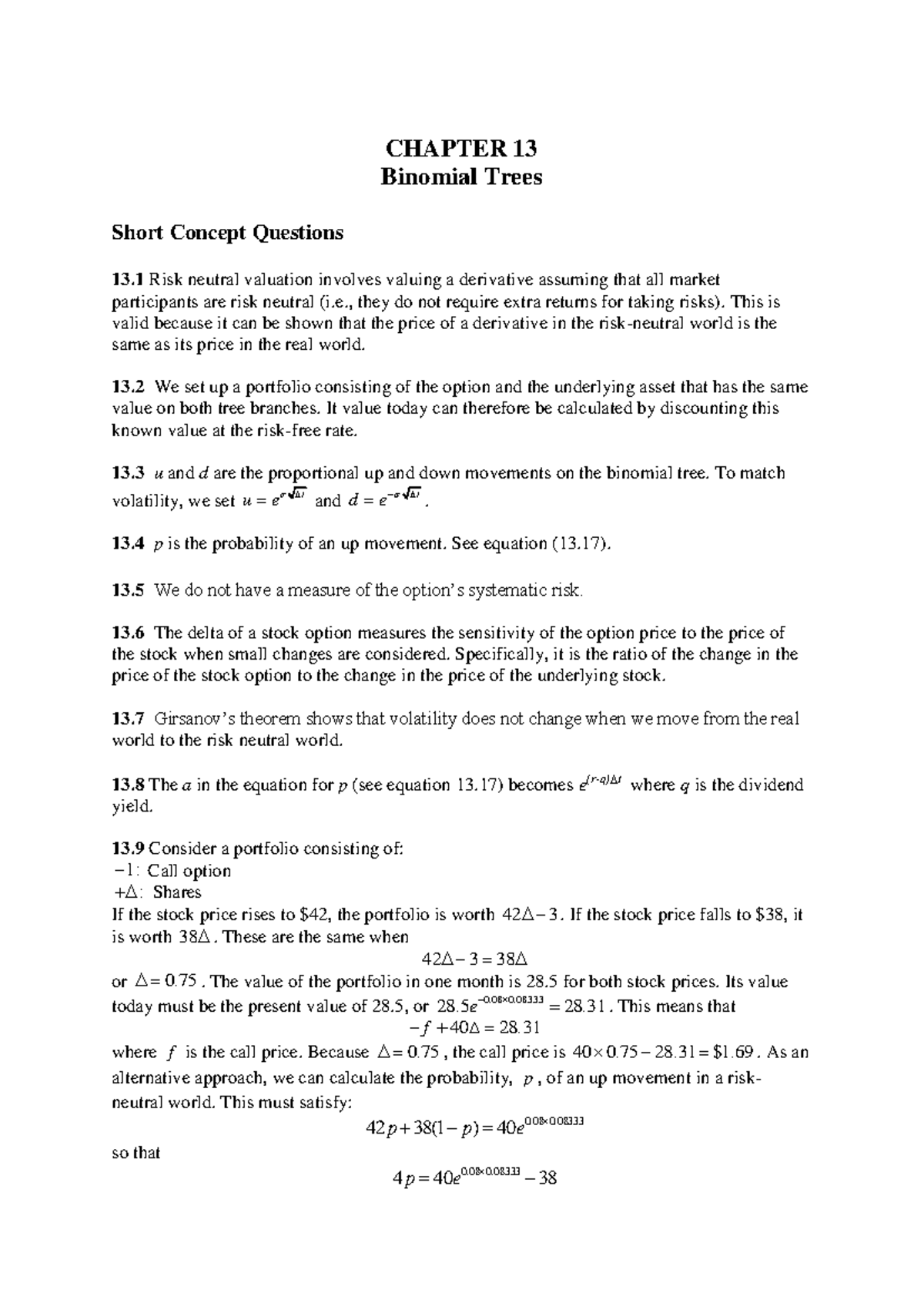 Chapter 13 solution - CHAPTER 13 Binomial Trees Short Concept Questions 13 Risk neutral ...