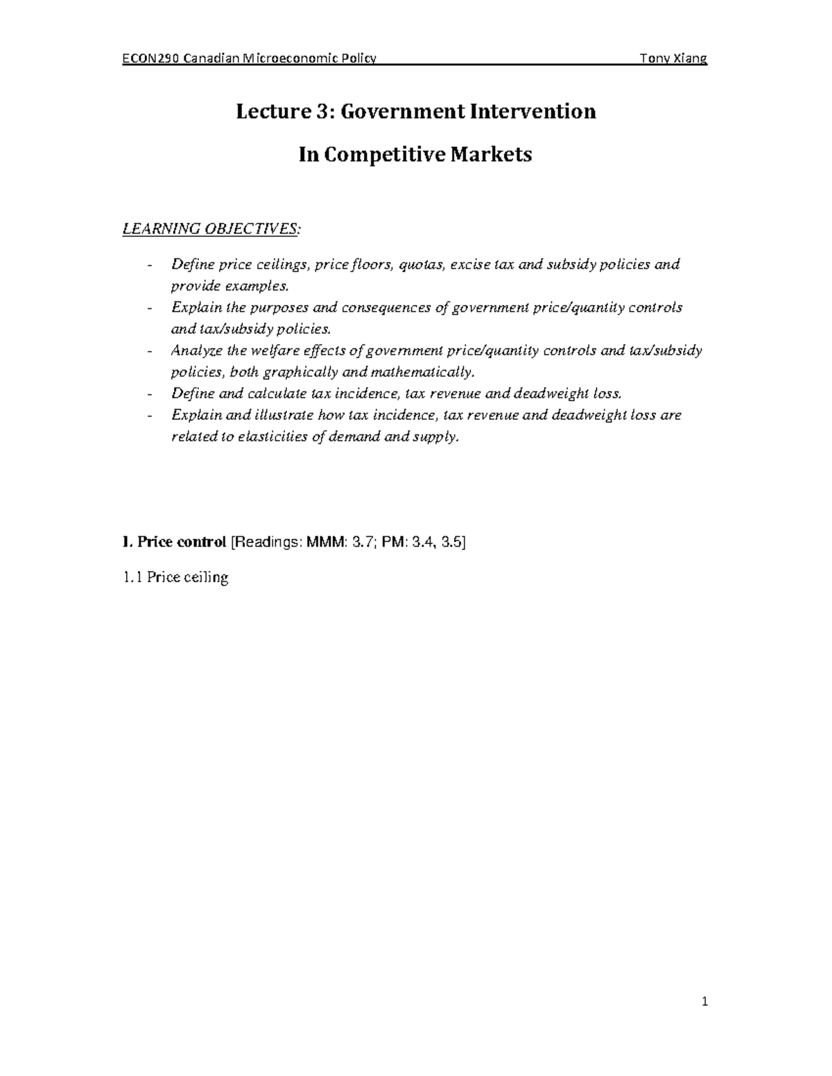 Lecture 3 - Lecture 3: Government Intervention In Competitive Markets ...