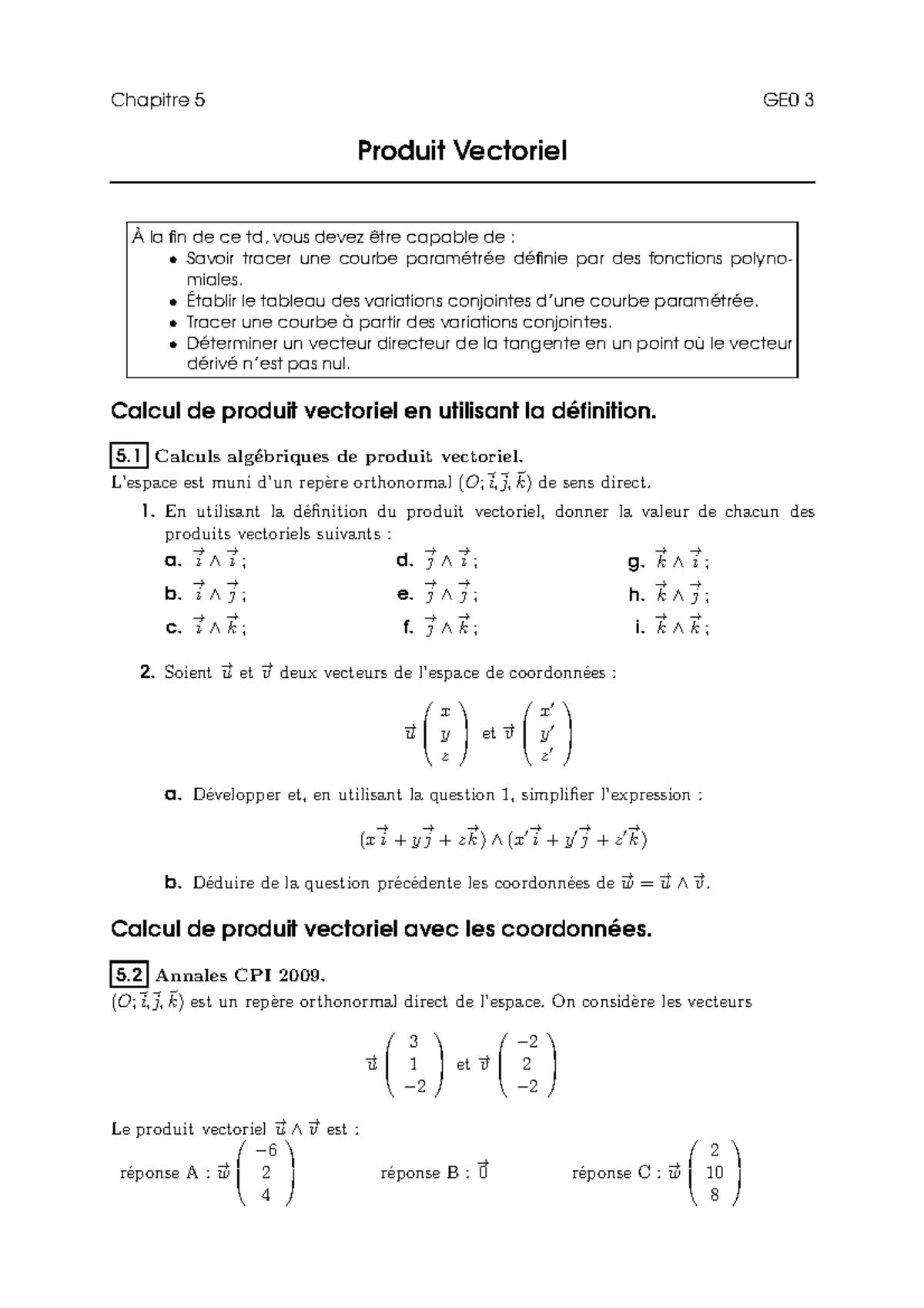 Produit Vectoriel-Exos - Chapitre 5 GE0 3 Produit Vectoriel À la fin de ...