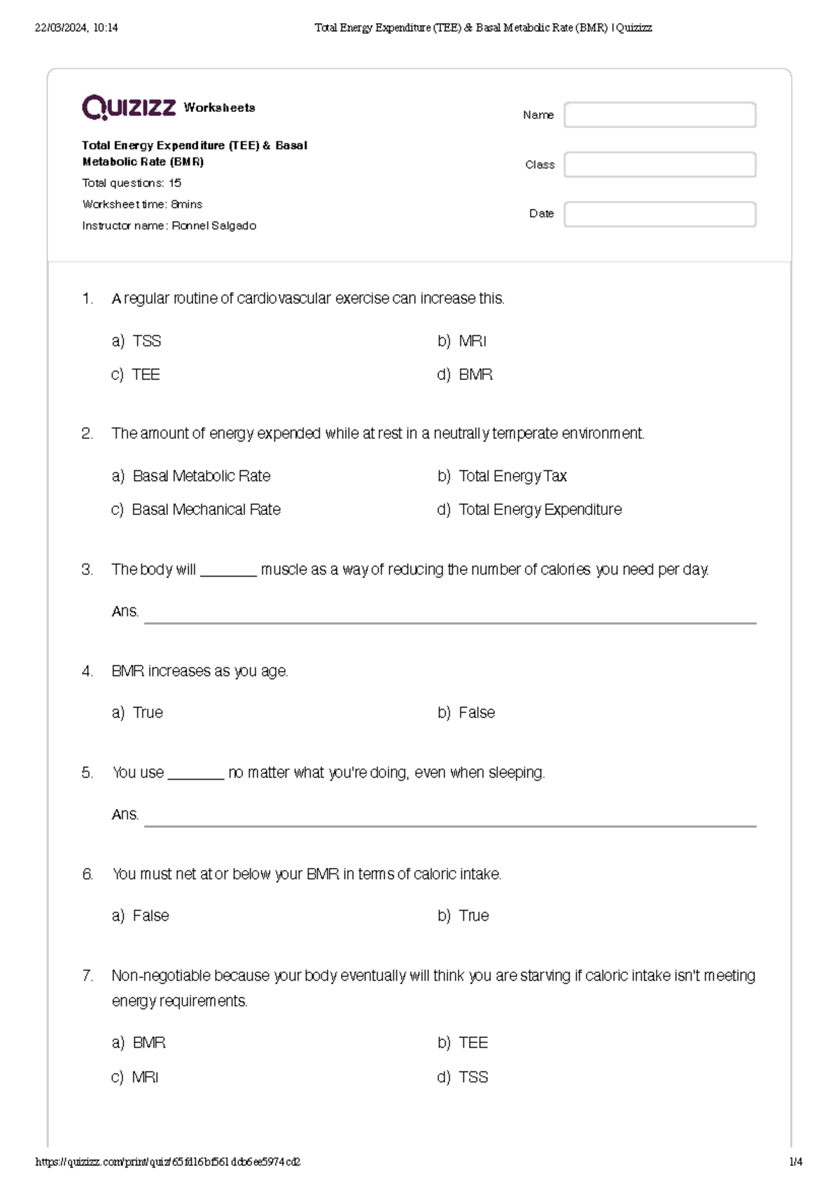 Total Energy Expenditure (TEE) & Basal Metabolic Rate (BMR) Quizizz ...