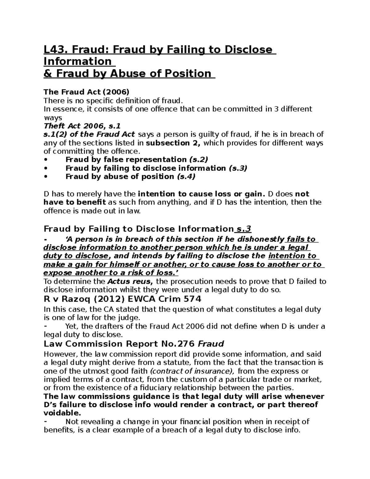 L43. Fraud- Fraud by Failing to Disclose Information & Fraud by Abuse ...